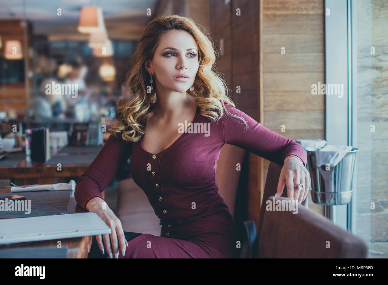 Beautiful Woman Waiting in Cafe, Fashion Portrait Stock Photo - Alamy
