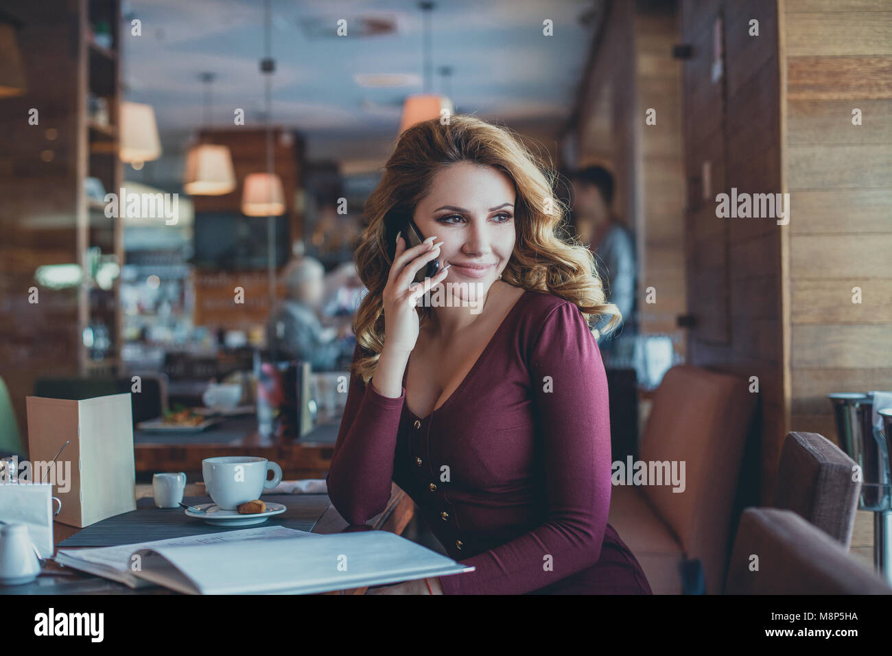 Attractive Woman Cafe Cell. Beautiful Female with Cute Smile having ...