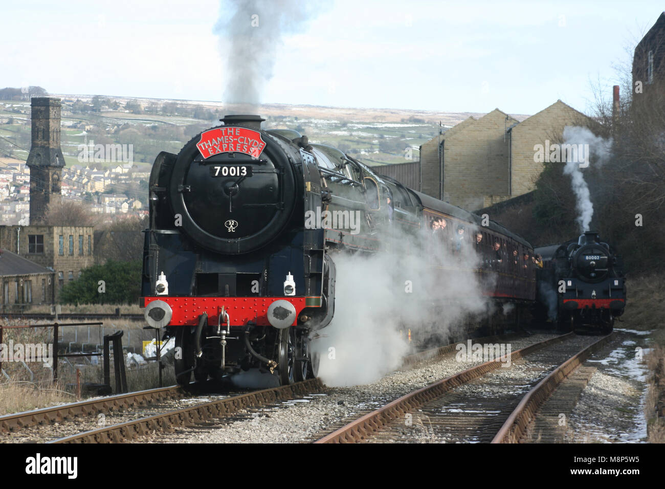 Steam locomotive number 70013 Oliver Cromwell at Keighley bank on the ...