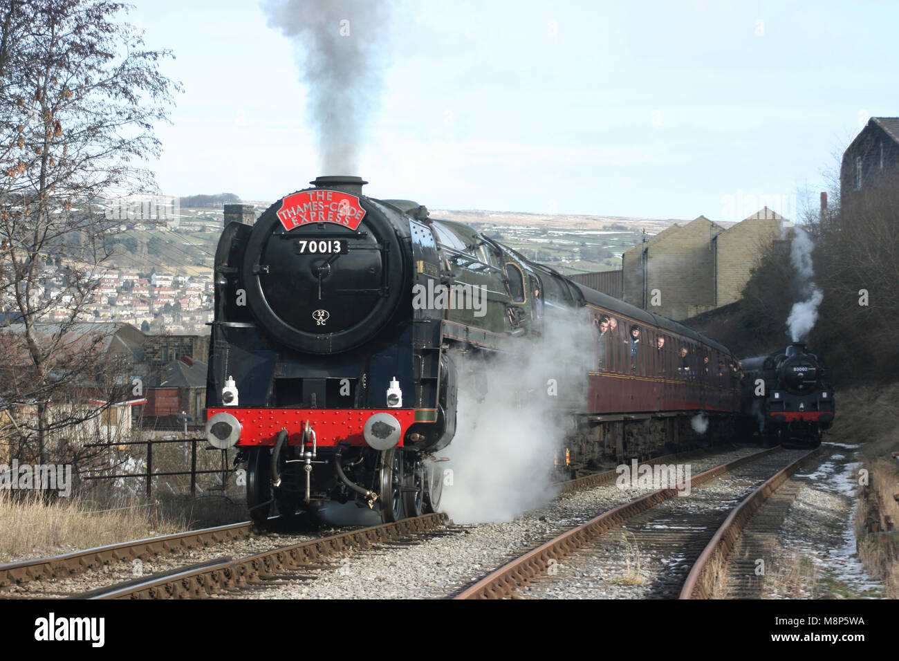 Steam locomotive number 70013 Oliver Cromwell at Keighley bank on the ...