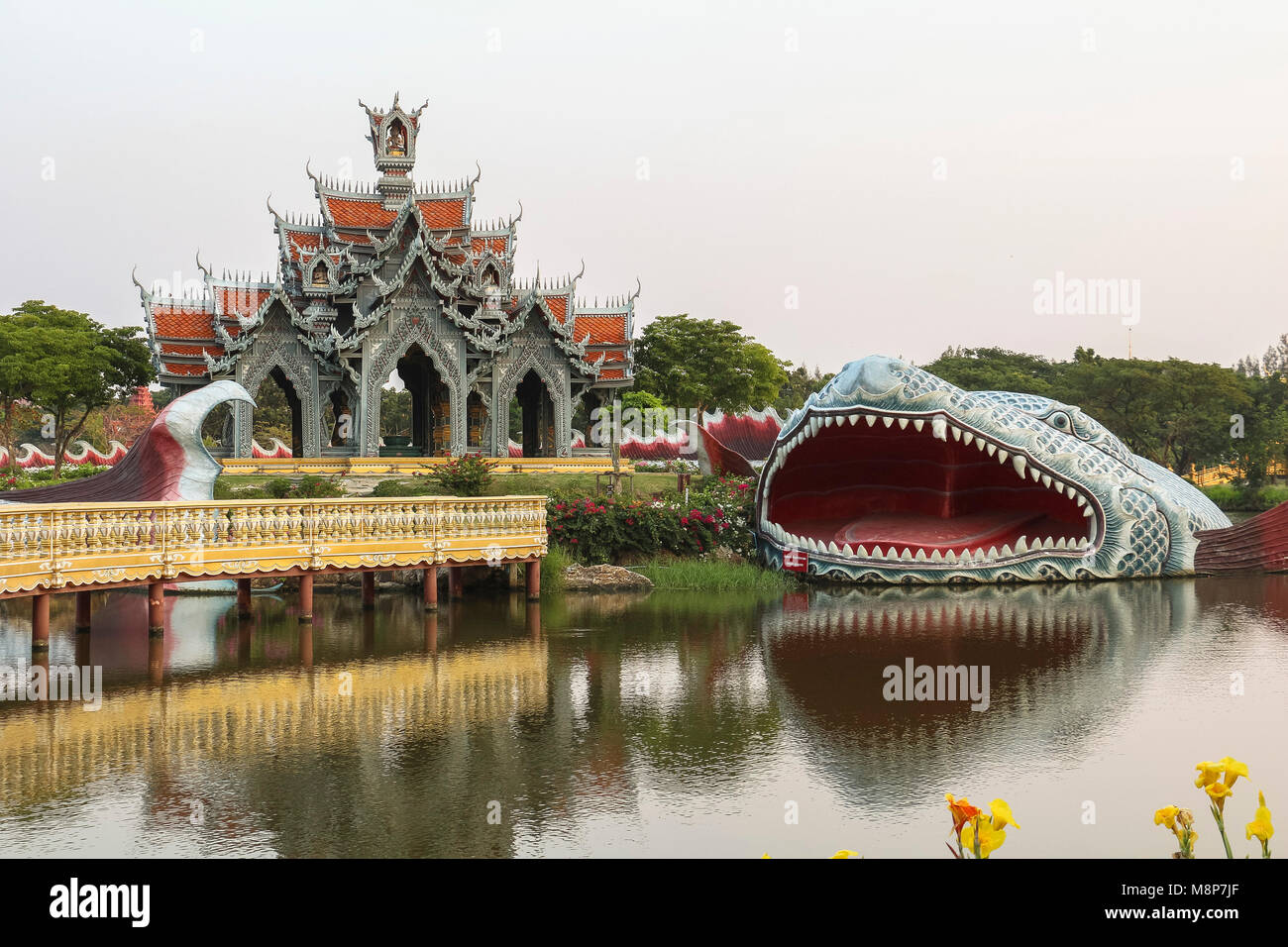 Thai temple on water in ancient city near Bangkok, Thailand Stock Photo ...