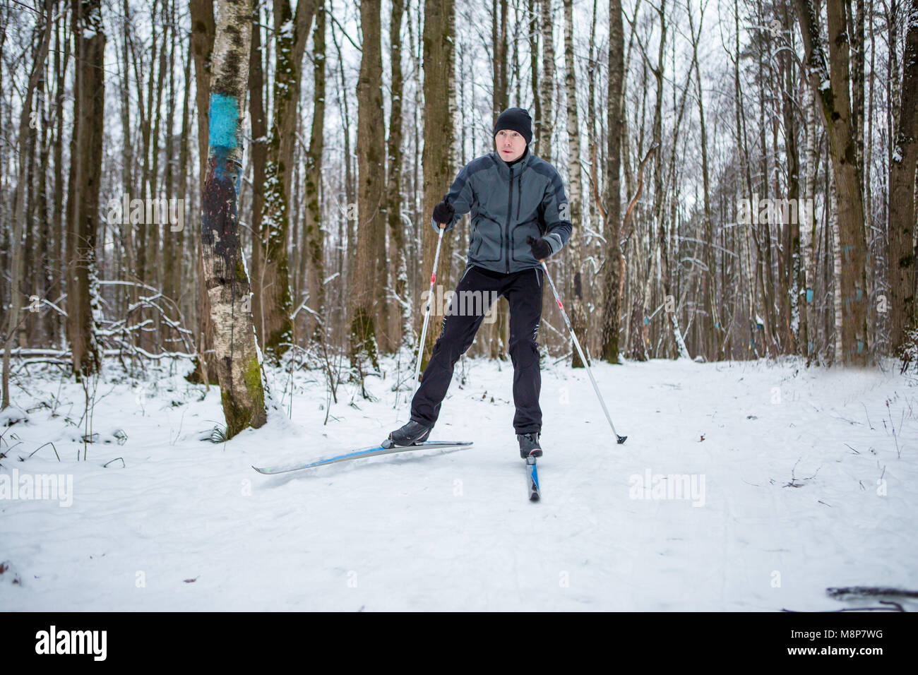 Photo of male skier in gray jacket Stock Photo - Alamy