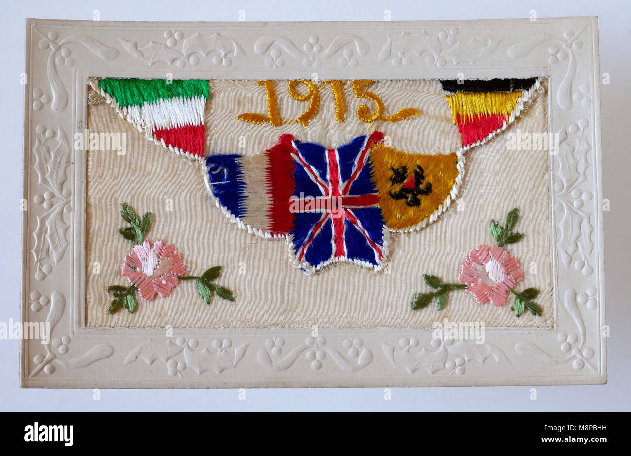 AJAXNETPHOTO. 1914-1918. WW1 EPHEMERA. - A SILK EMBROIDERED LETTER CARD DEPICTING NATIONAL FLAGS ...