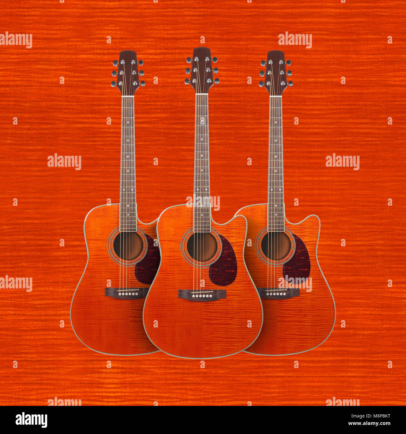 Musical instrument - Three orange Flame maple acoustic cutaway tiger ...