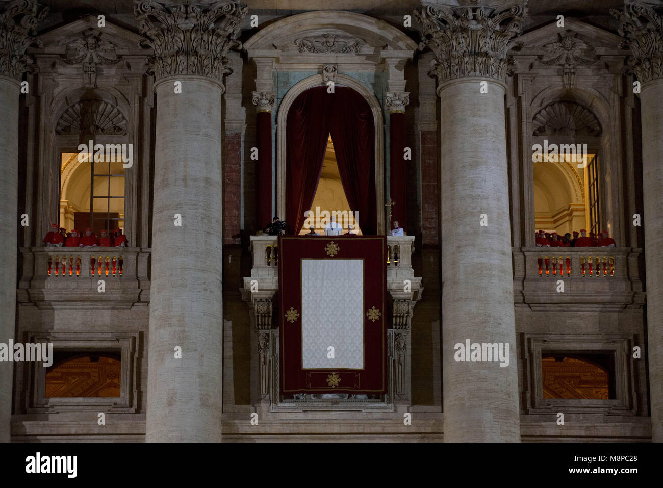 Vatican City. Newly elected Pope Francis I appears on the central ...