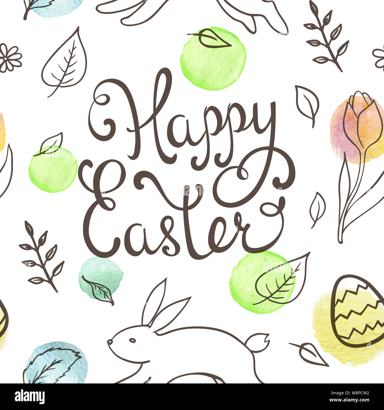 Hand drawn doodle Easter seamless pattern with rabbit and leaves on a ...