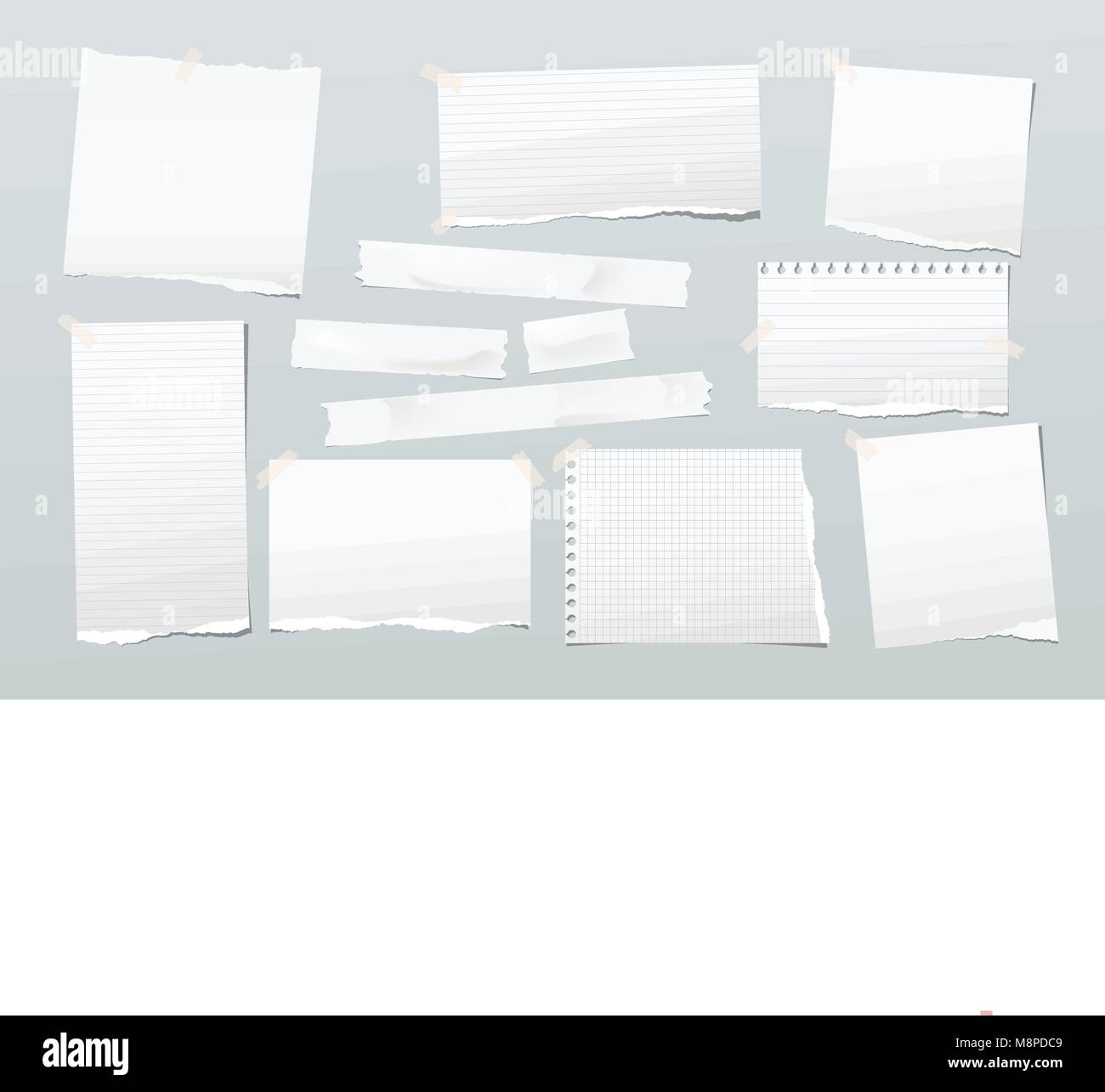 Pieces of torn white note, notebook paper stuck with sticky tape on ...