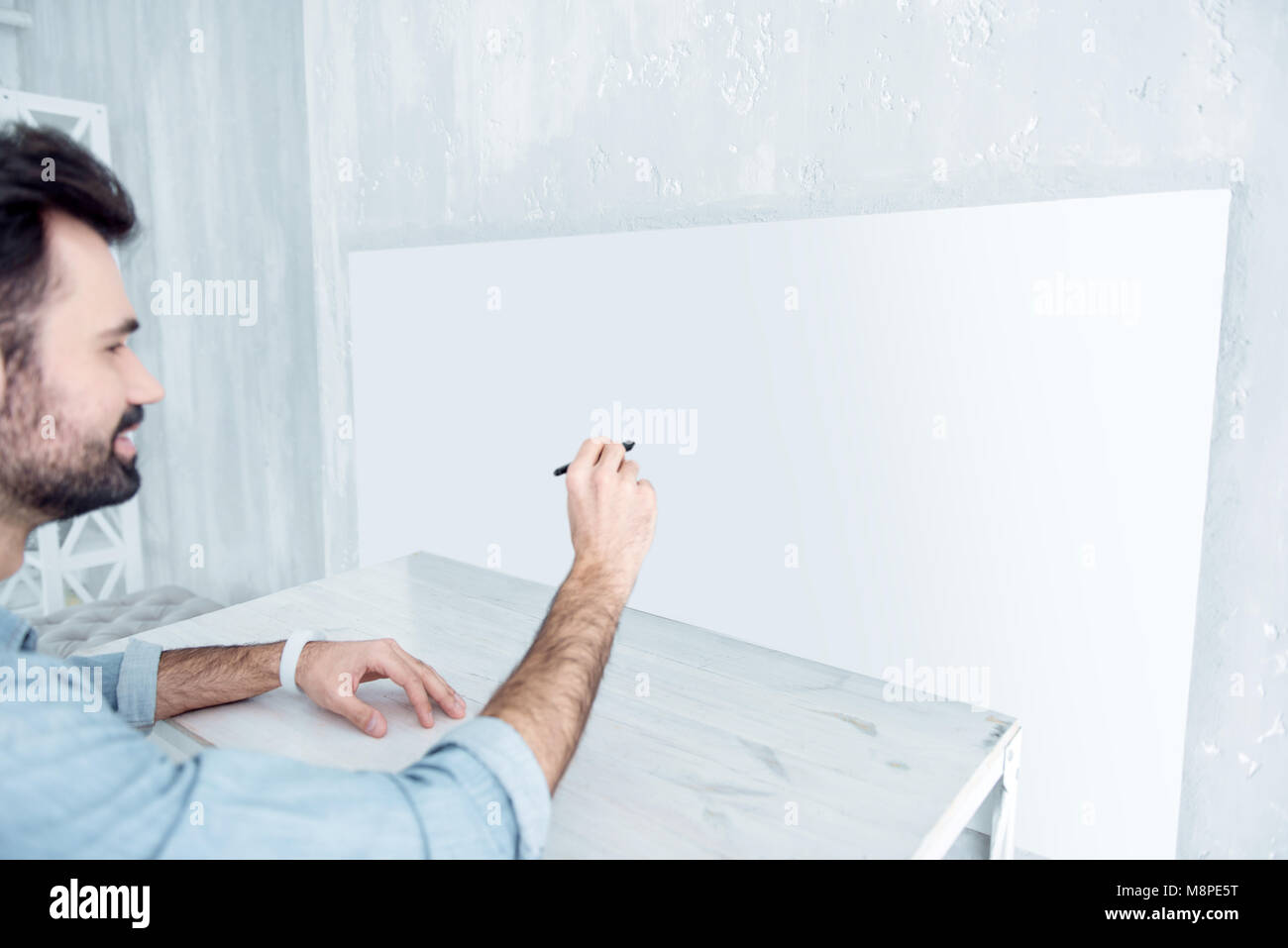 Close up happy man that going to write Stock Photo - Alamy
