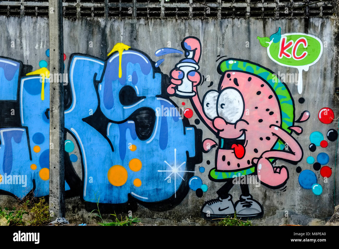 A colorful graffiti of a sprayer is sprayed on a house wall at White ...