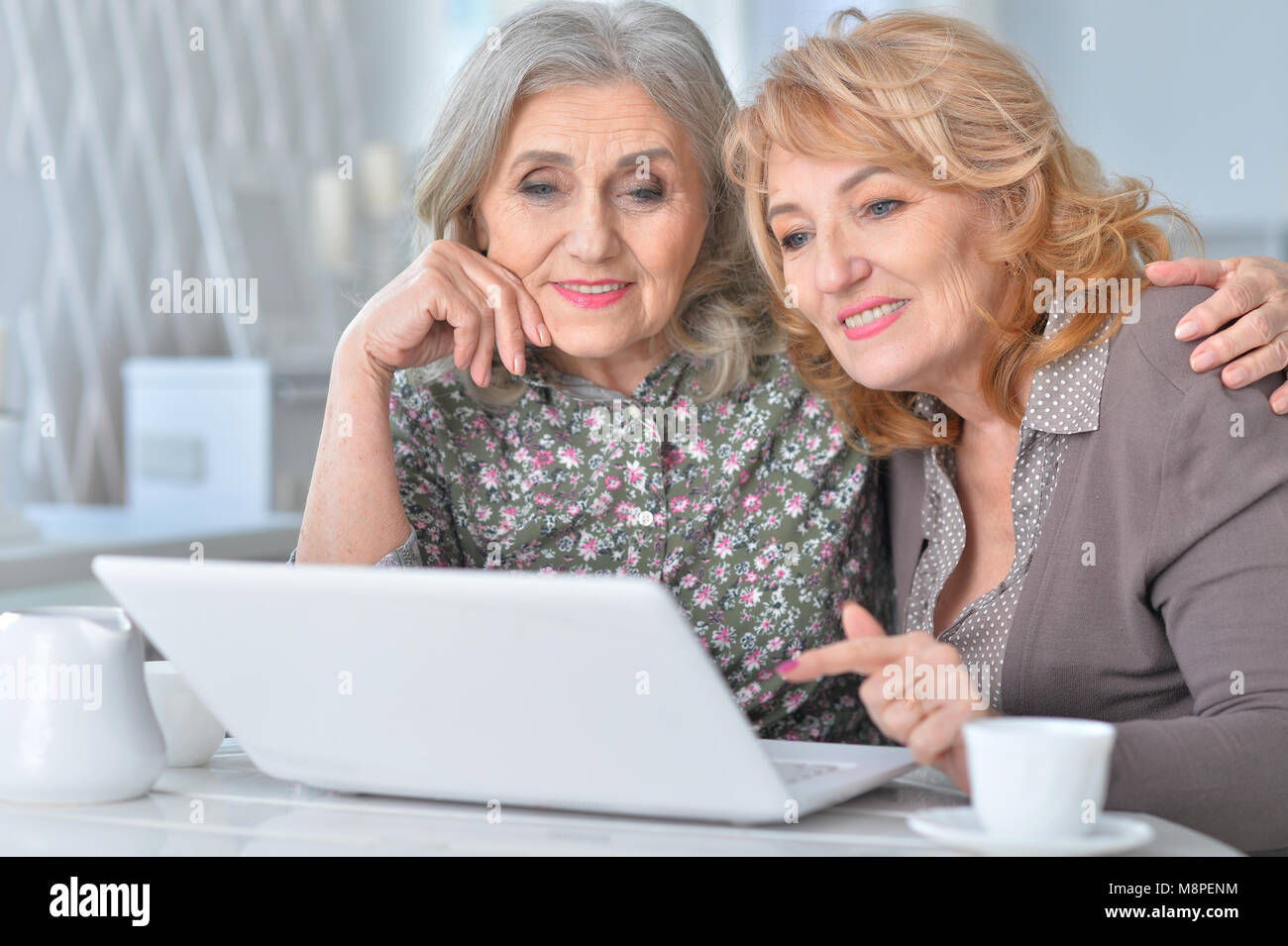 two Senior women using laptop Stock Photo - Alamy