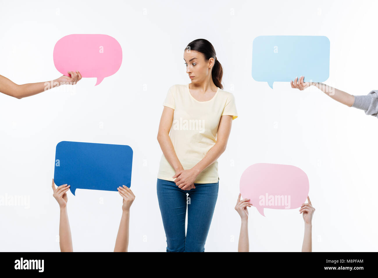 Nice young woman looking at the sign Stock Photo - Alamy