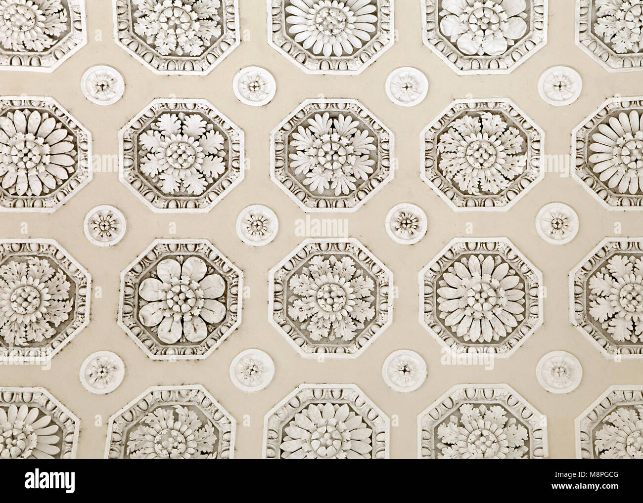 Decorative plaster ceiling in baroque style, view from below Stock ...