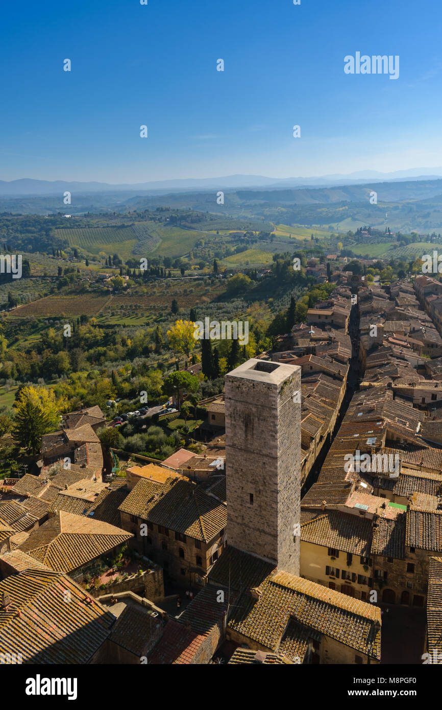 San Gimignano medieval town view from above, Tuscany, Italy Stock Photo ...