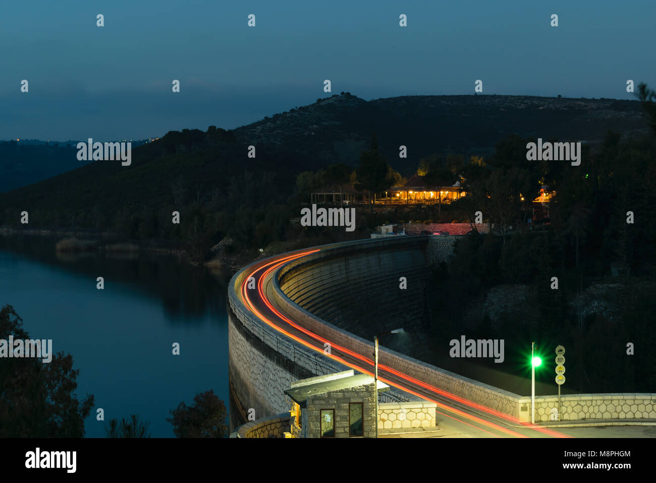 Marathonas water dam at sunset with light trails Stock Photo - Alamy