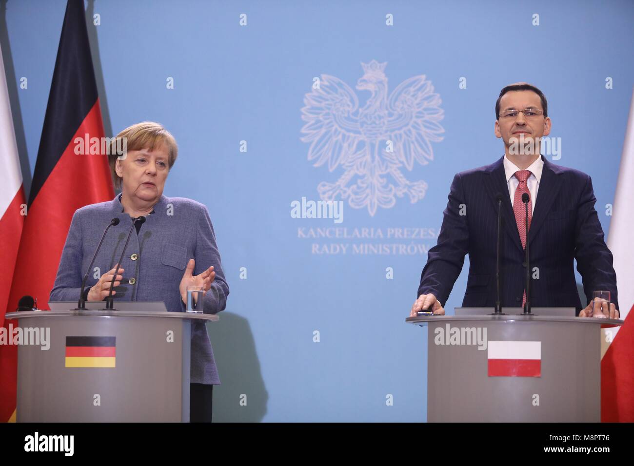 Warsaw, Poland. 19th March, 2018. German Chancellor Angela Merkel and ...