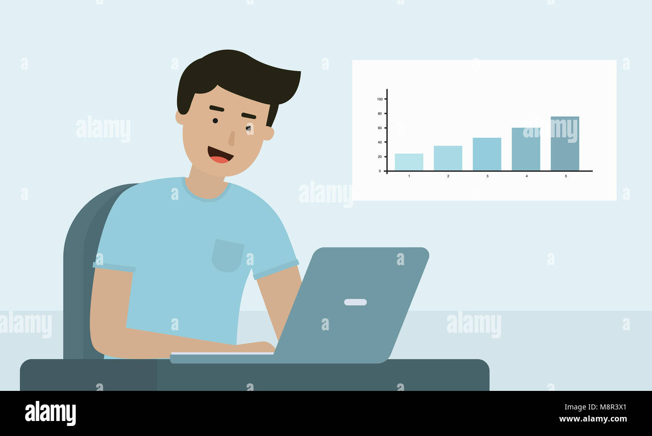 IT worker with column graph chart in the office Stock Photo - Alamy
