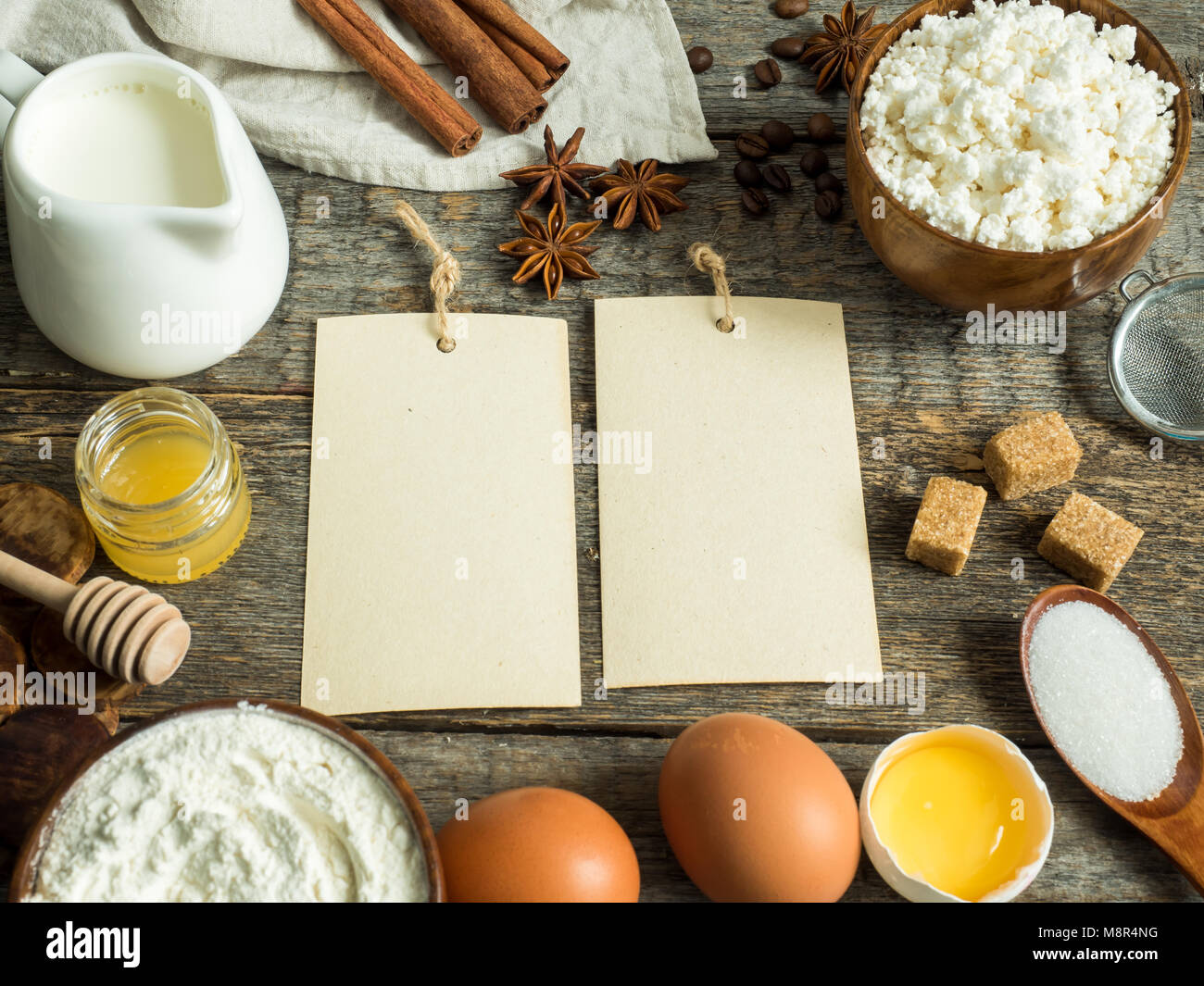 Cooking background with ingredients for making dough, cottage cheese ...