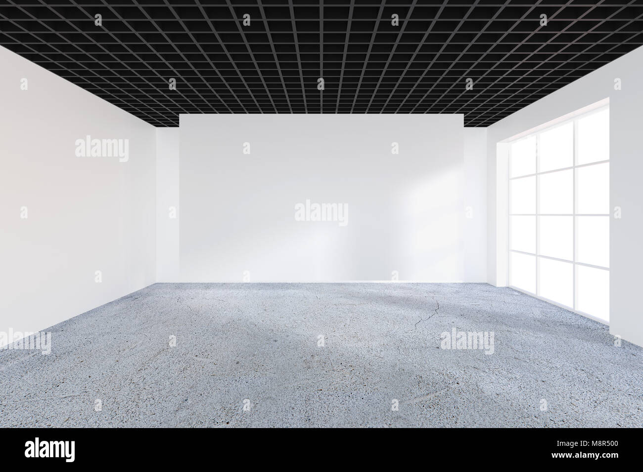 Concrete interior with empty wall, ceiling with windows and sunlight ...
