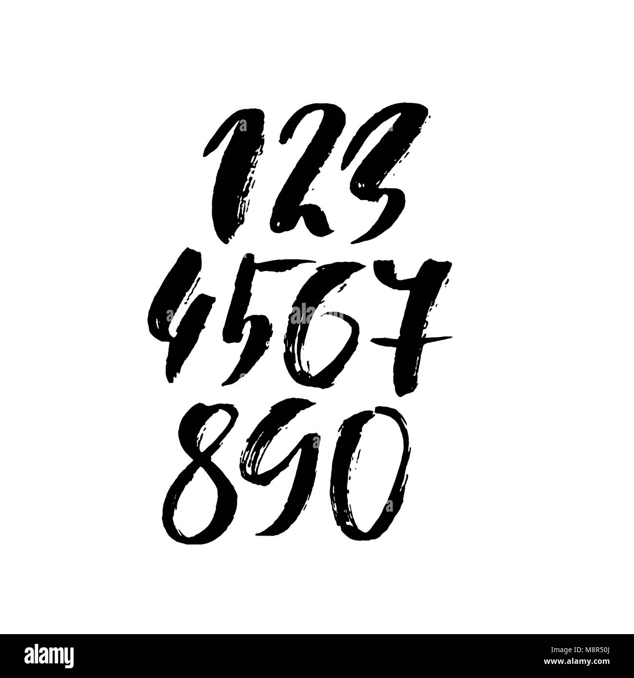 Set of calligraphic ink numbers. Textured dry brush lettering. Vector ...