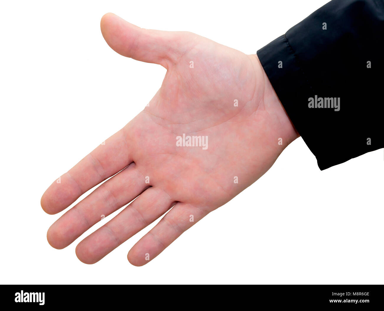 Gesture greeting helping - Man hand. White background Stock Photo - Alamy