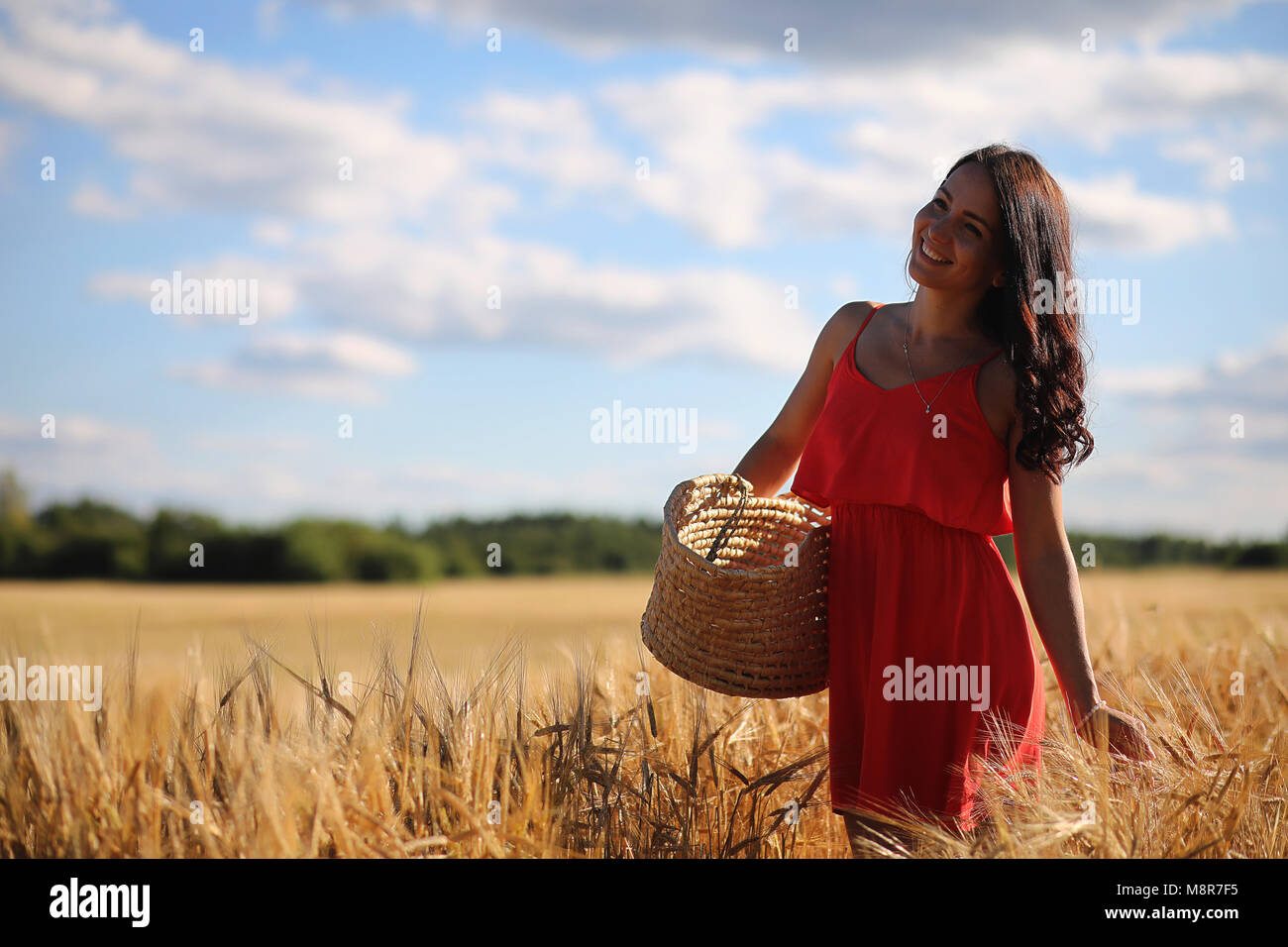 Summer landscape and a girl on nature walk in the countryside Stock ...