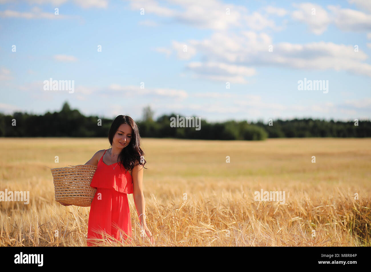 Summer landscape and a girl on nature walk in the countryside Stock ...