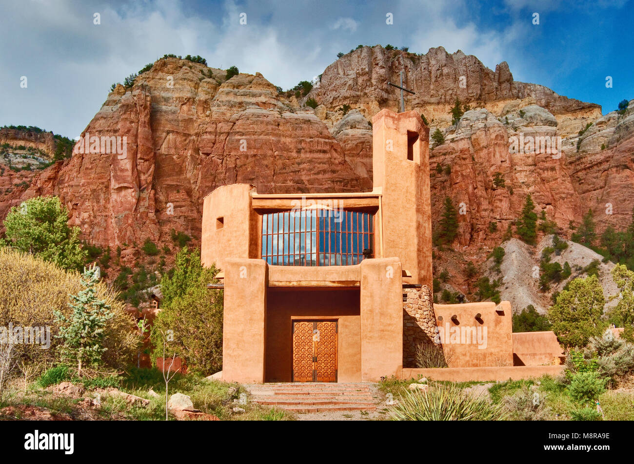 Church at Christ of the Desert Monastery, Mesa de las Viejas behind, in ...