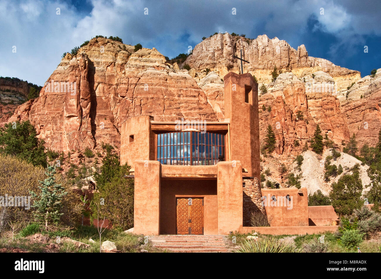 Church at Christ of the Desert Monastery, Mesa de las Viejas behind, in ...