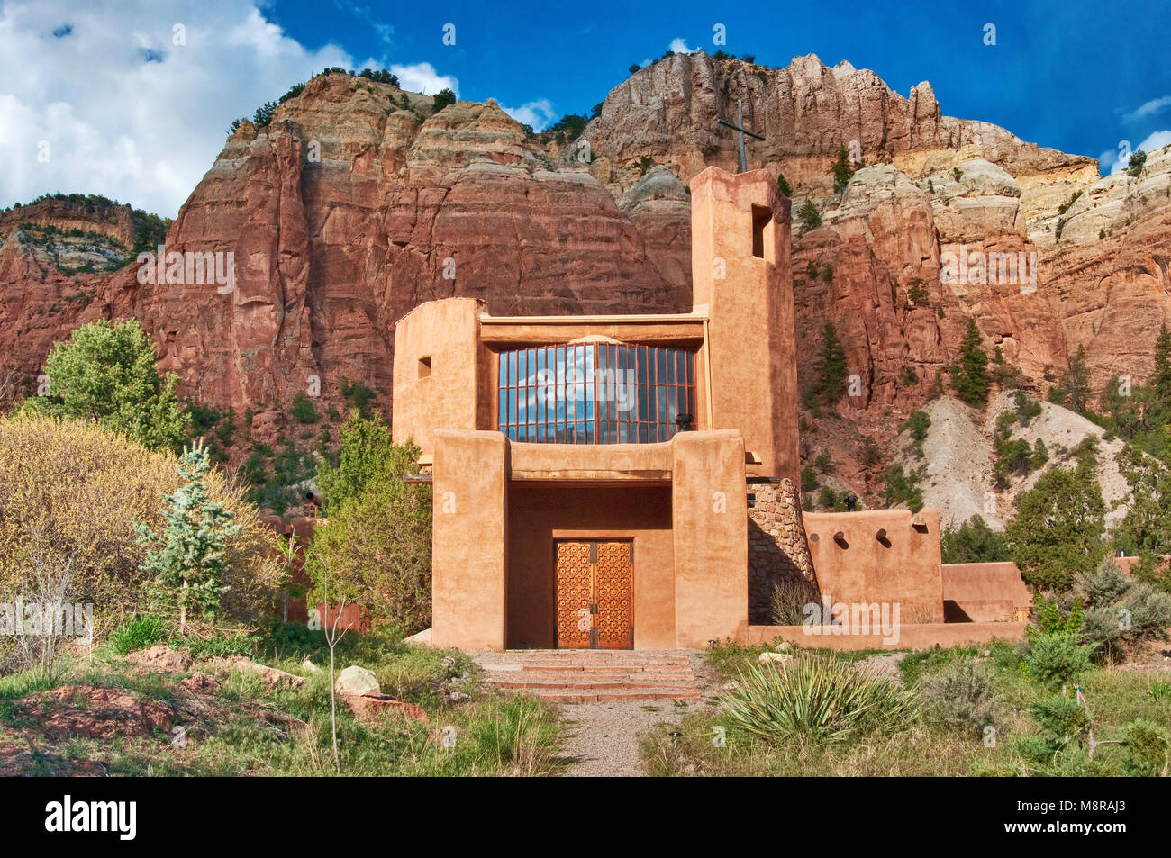 Church at Christ of the Desert Monastery, Mesa de las Viejas behind, in ...