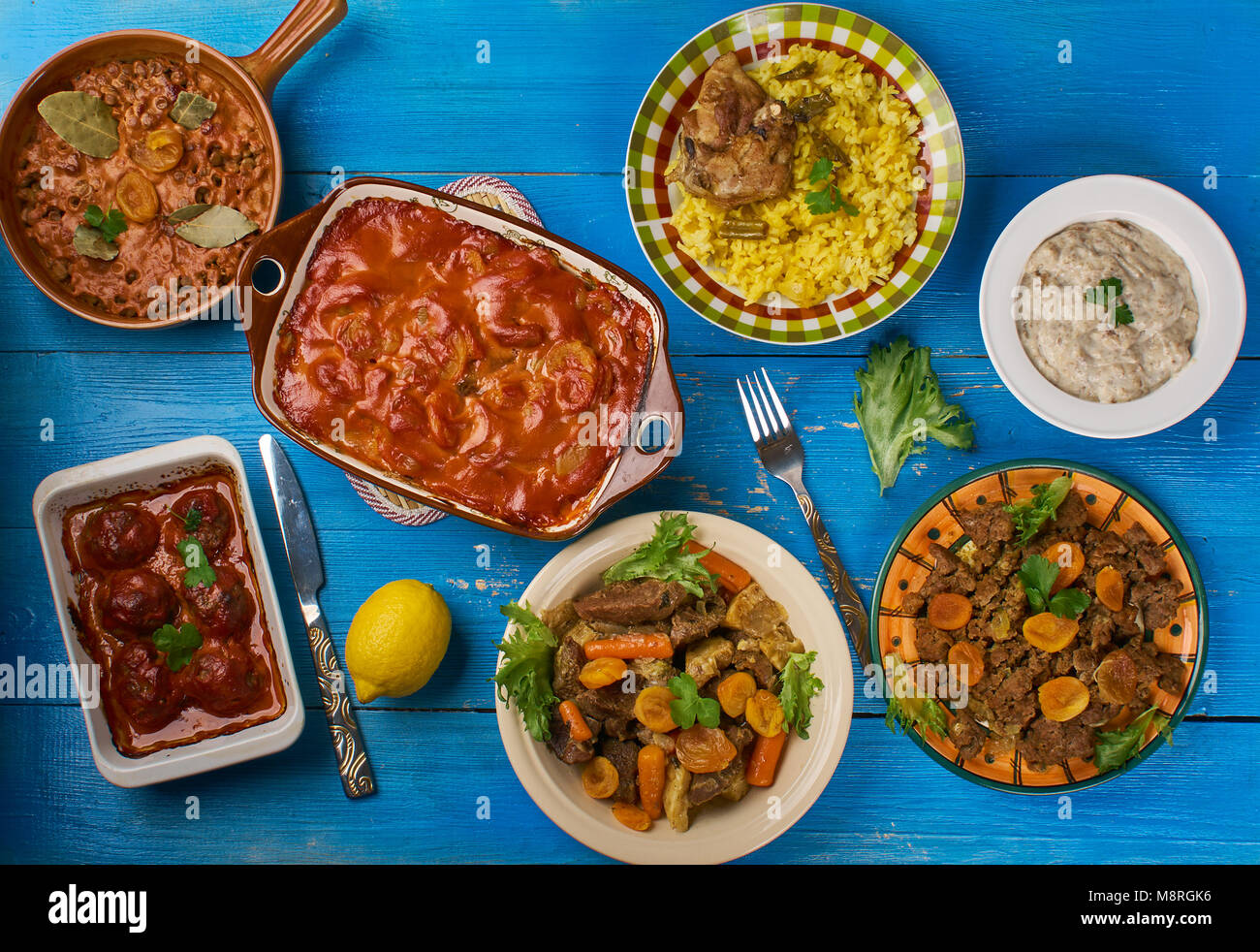 South African cuisine , Traditional assorted dishes, Top view Stock ...