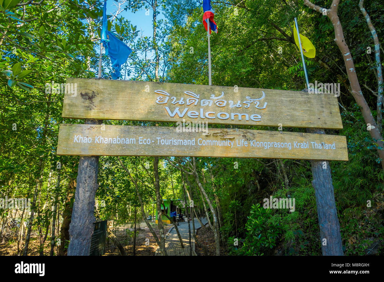 KRABI, THAILAND - FEBRUARY 19, 2018: Outdoor view of wooden welcome ...