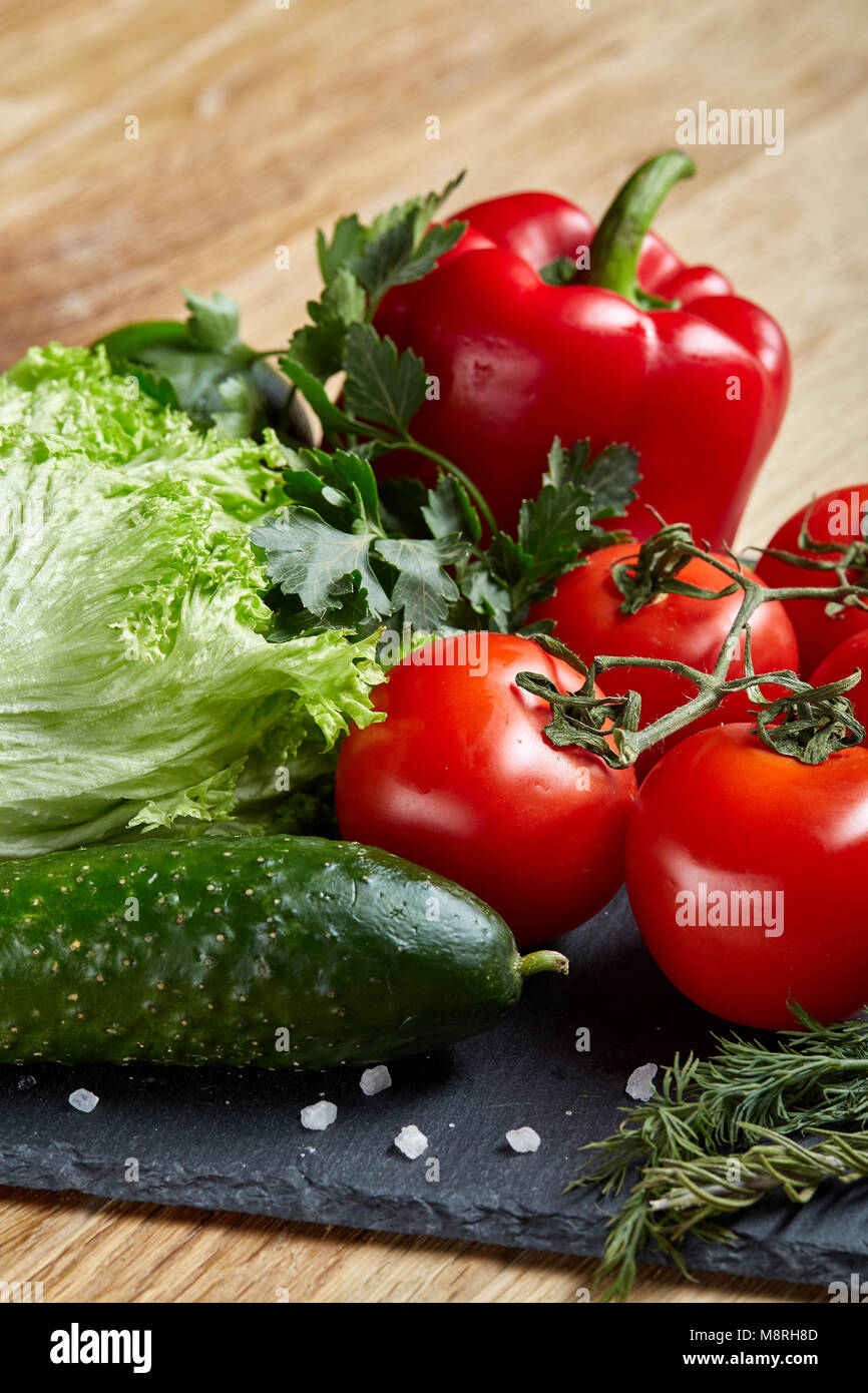 Organic seasoning close-up still life of assorted fresh vegetables and ...