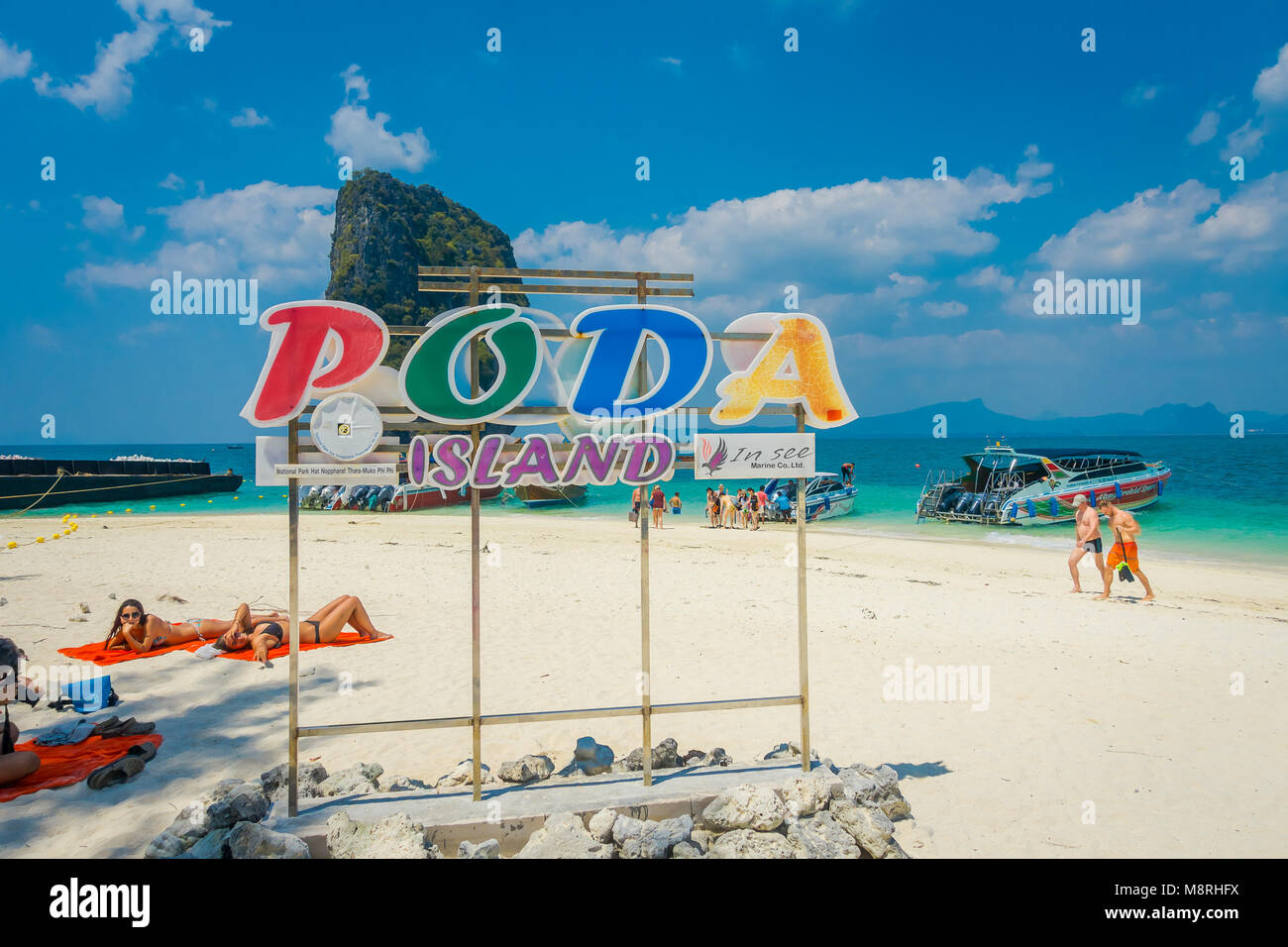 PODA, THAILAND - FEBRUARY 09, 2018: Outdoor view of informative sign ...