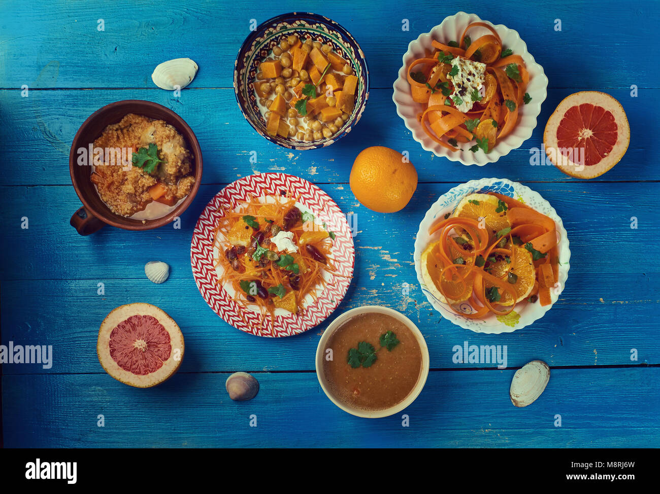 Moroccan cuisine, Traditional assorted Morocco dishes, Top view Stock ...
