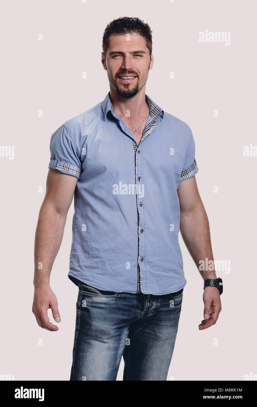 Happy man with hands up, isolated on white Stock Photo - Alamy