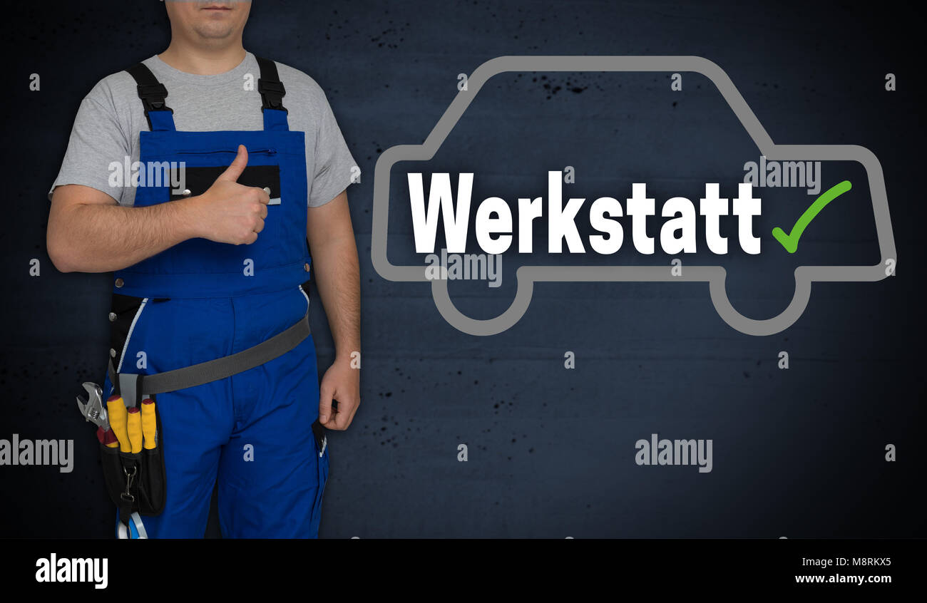 Werkstatt (in german Workshop) car and craftsman with thumbs up Stock ...