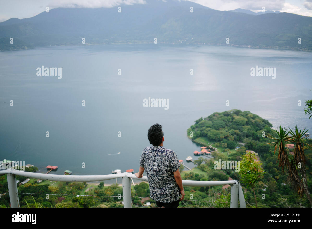 Rear view of man looking at lake while standing on observation point ...