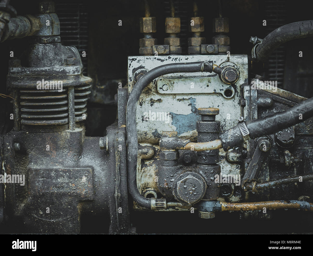 Retro diesel motor of tractor. Black and white photo Stock Photo - Alamy