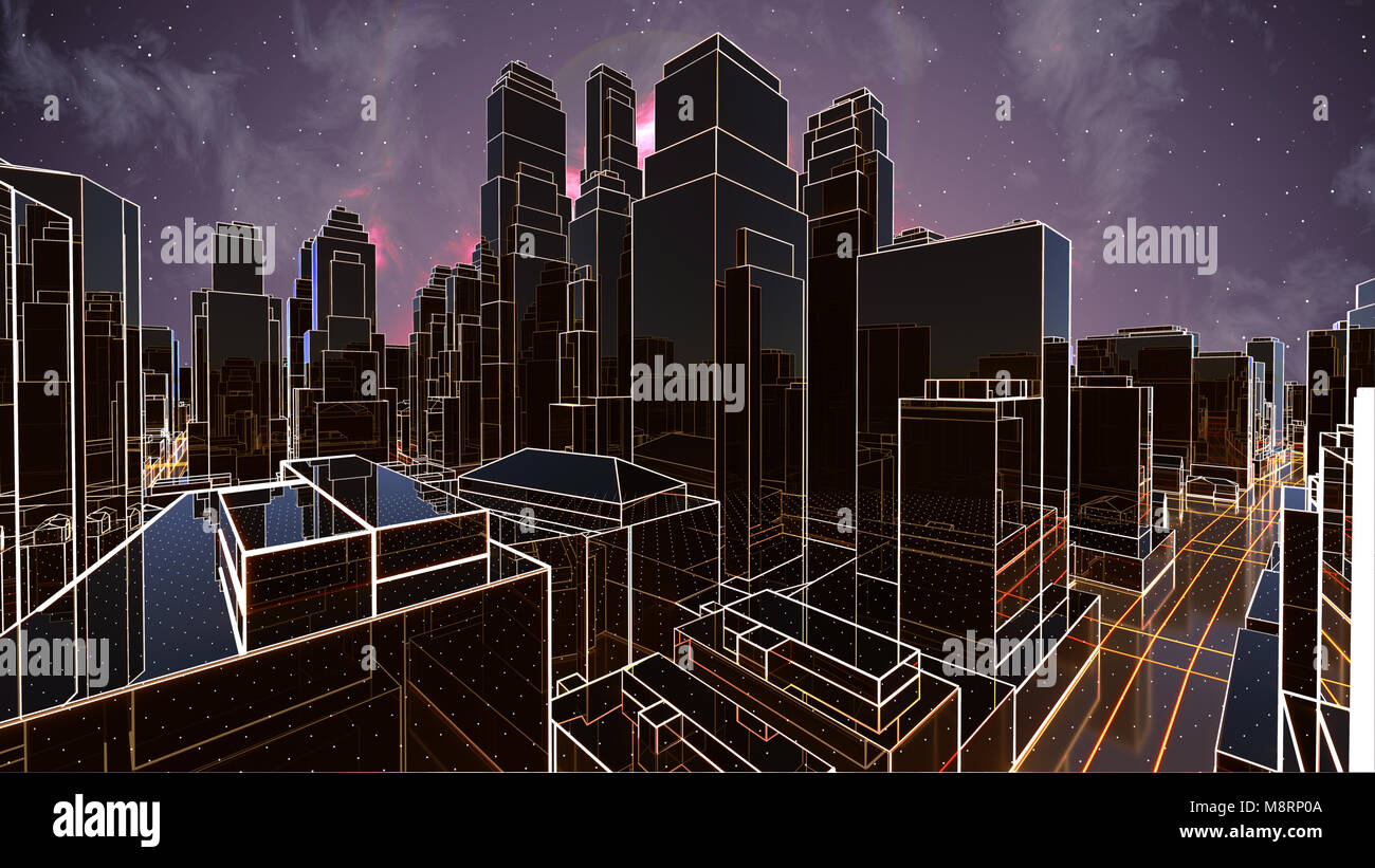 Abstract 3D city with luminous lines Stock Photo - Alamy