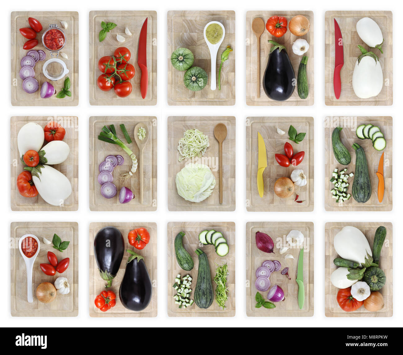 set of cutting boards with many vegetables isolated on white background ...