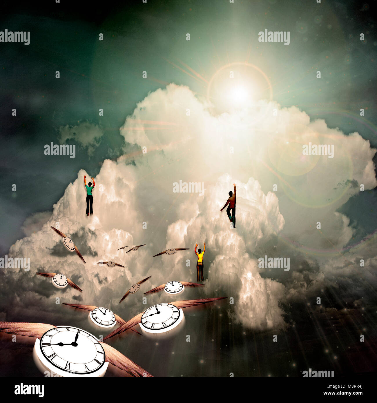 People hikes to the cloud. Winged clocks represents flow of time Stock ...