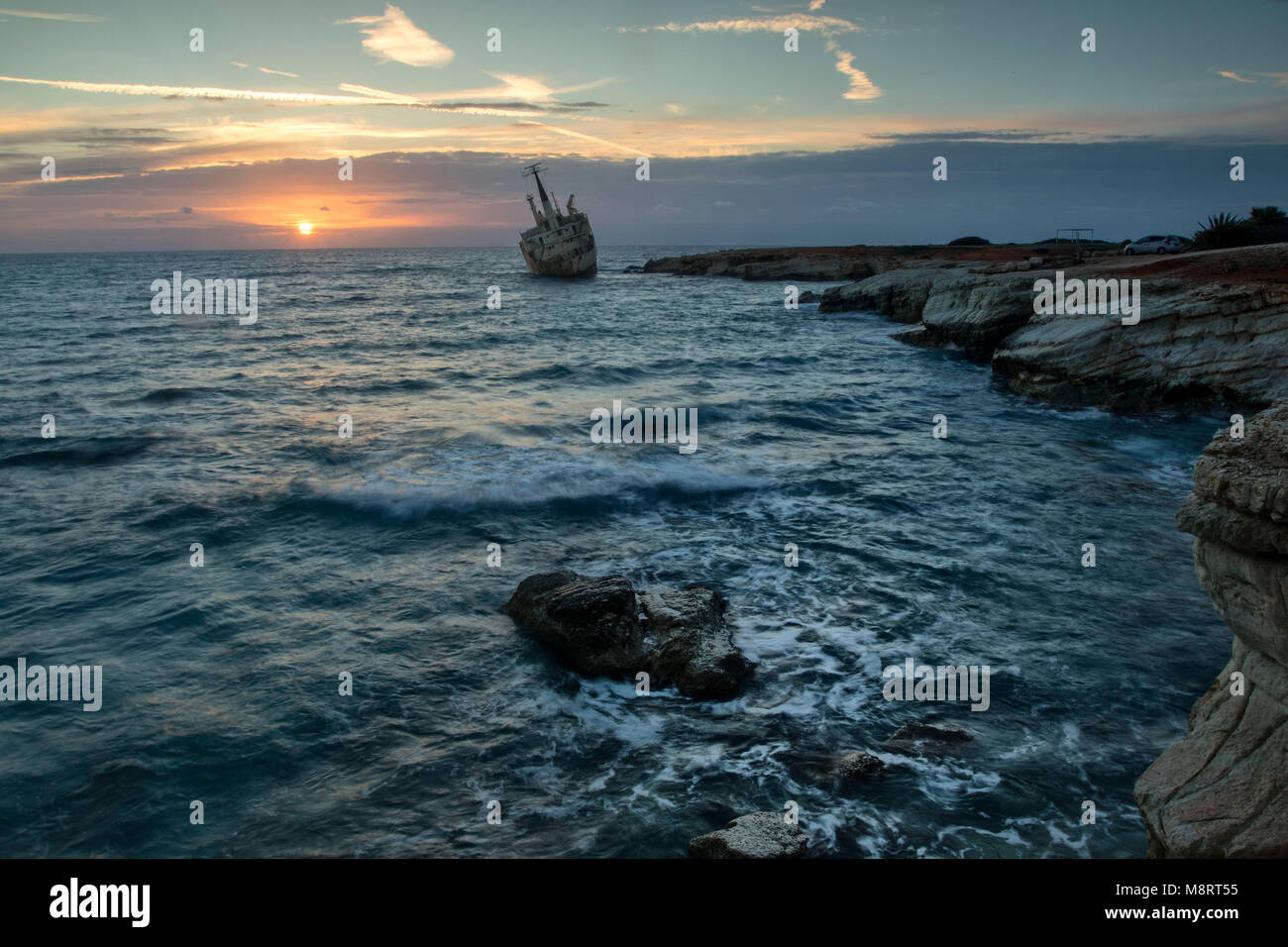 Sunset over the Edro 3 on the mediterranean coast of Pegeia, Paphos ...
