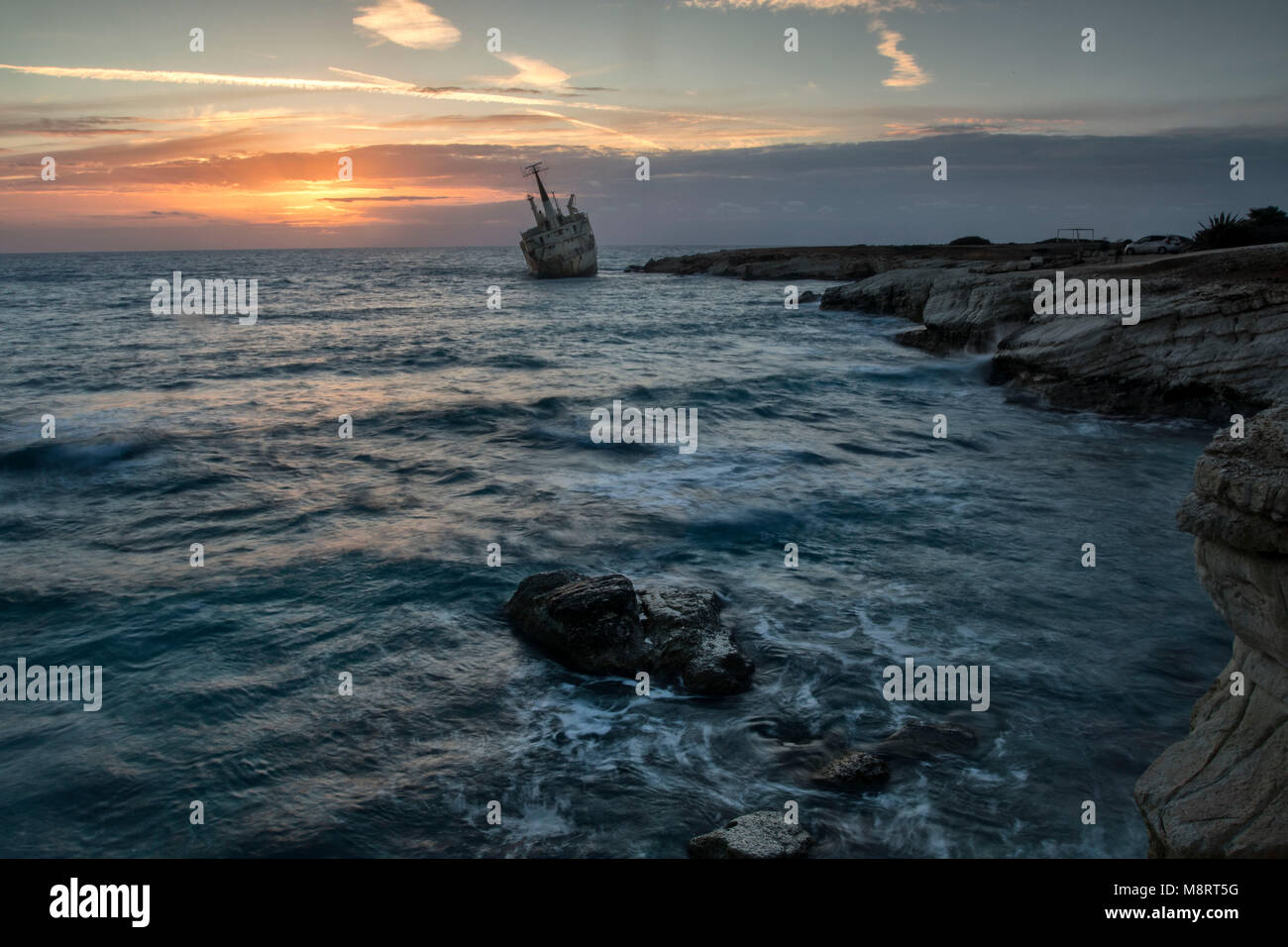 The Edro 3 shipwreck off the coast of Pegeia at sunset, Paphos district ...