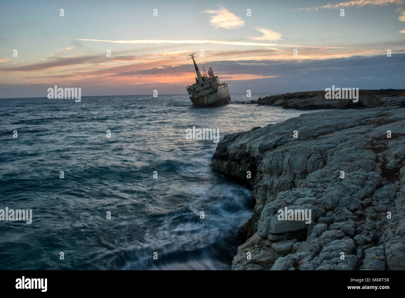 The Edro 3 shipwreck off the coast of Pegeia at sunset, Paphos district ...