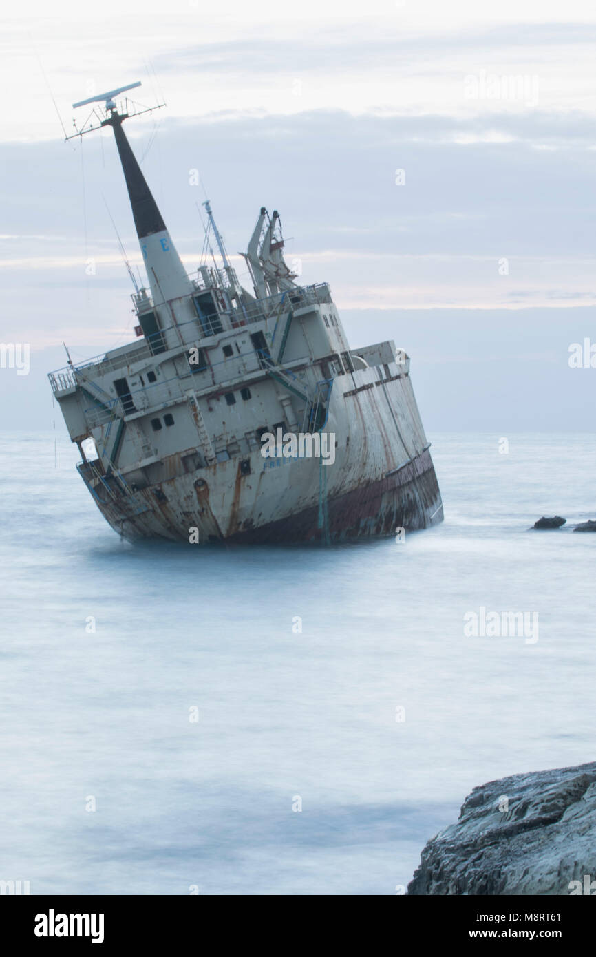 The Edro 3 shipwreck off the coast of Pegeia at sunset, Paphos district ...