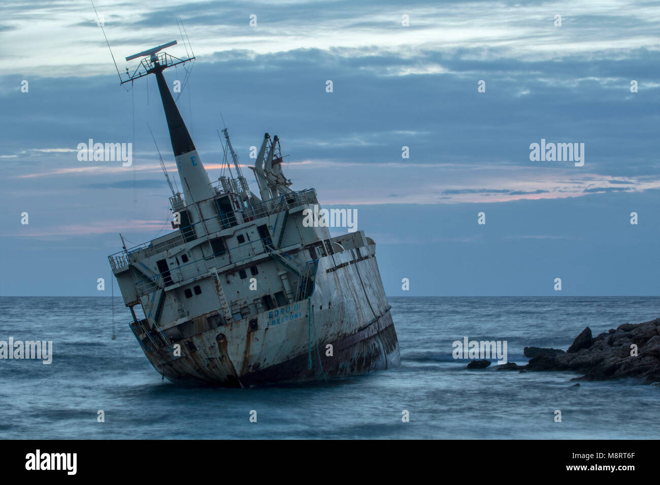 The Edro 3 shipwreck off the coast of Pegeia at sunset, Paphos district ...