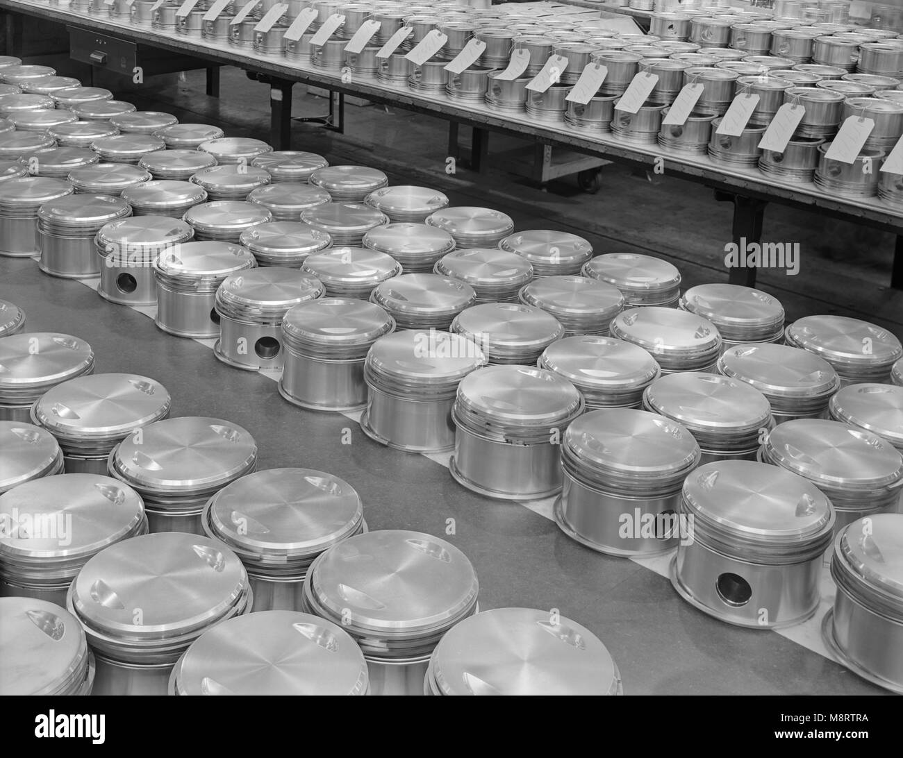 Airplane Engine Pistons, Complete with Rings, are Lined up for Assembly ...