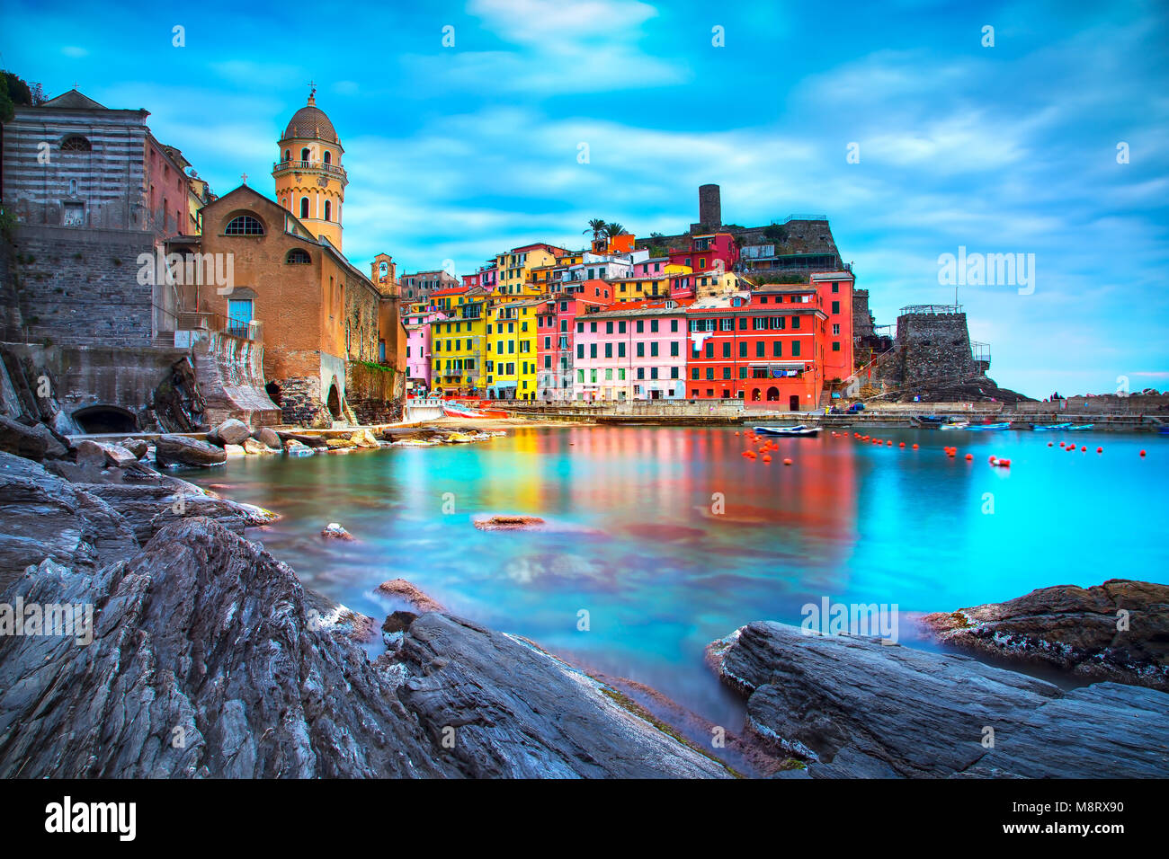 Vernazza village, church, rocks and sea harbor. Seascape in Five lands ...