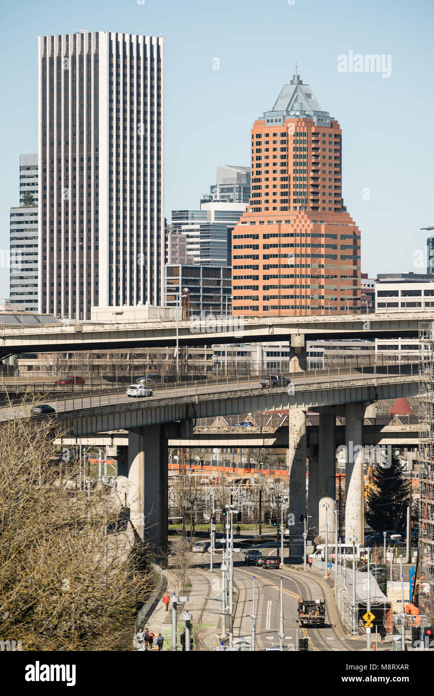 A vertical composition of downtown Portland Oregon and the highway ...