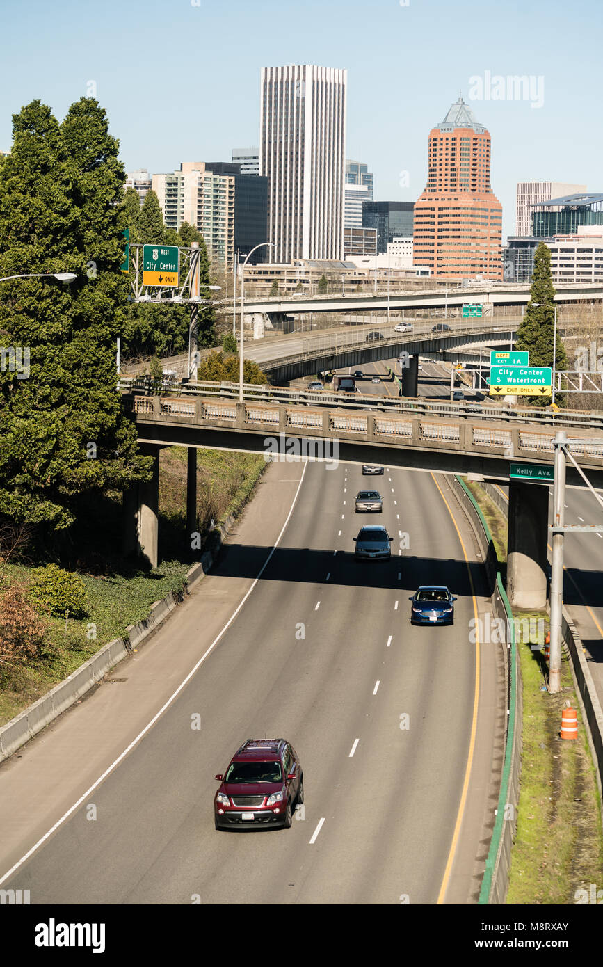 A vertical composition of downtown Portland Oregon and the highway ...